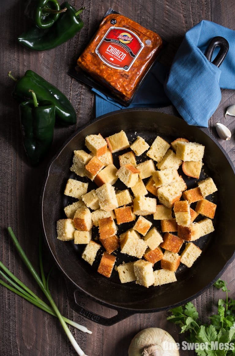 Roasted Poblano Chorizo Cornbread Stuffing - One Sweet Mess
